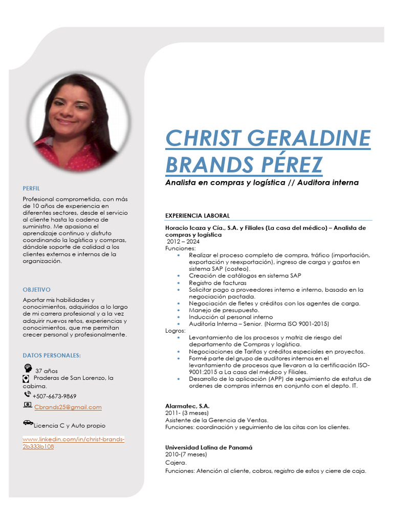 CV Actualizado - Christ Geraldine Brands Pérez - 2024 | PDF | Logística | Business