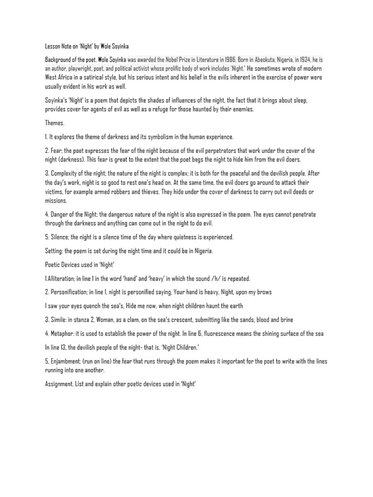 Lesson Notes On Night by Wole Soyinka | PDF | Poetry