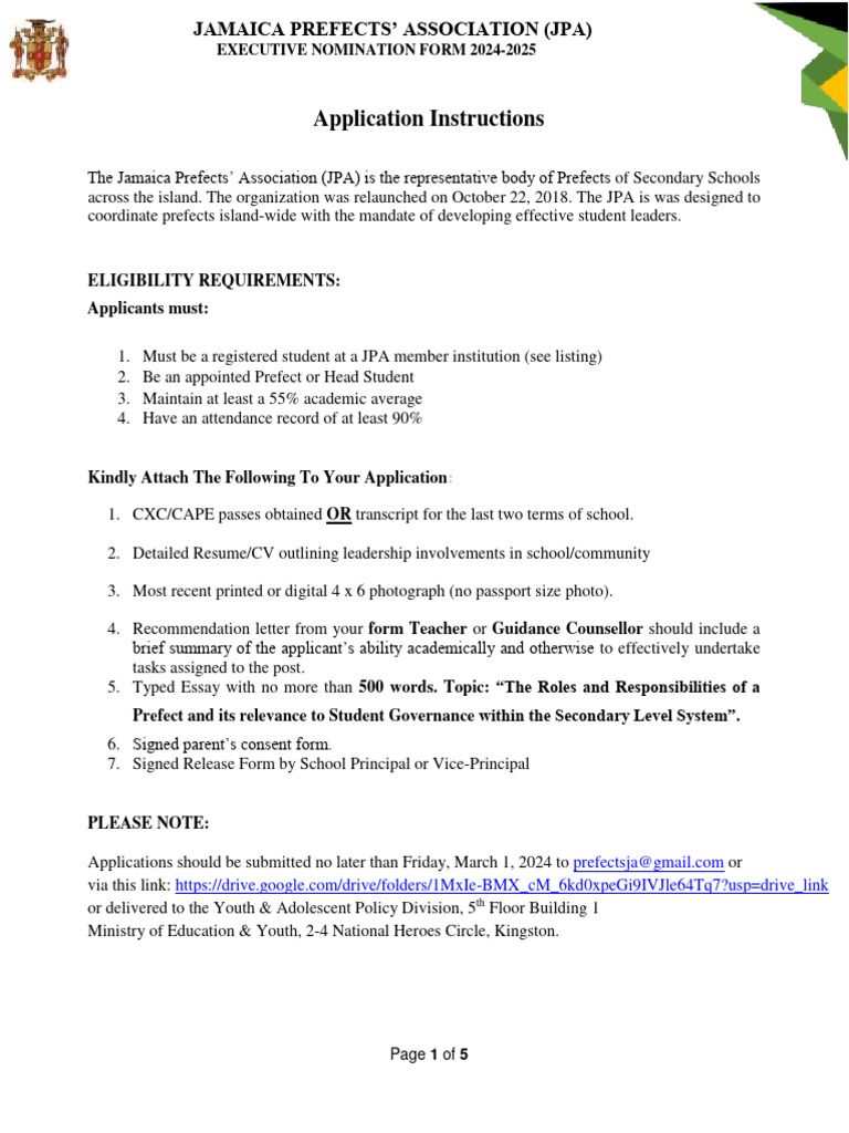Jamaica Prefects' Association Application Form 2024 2 | PDF