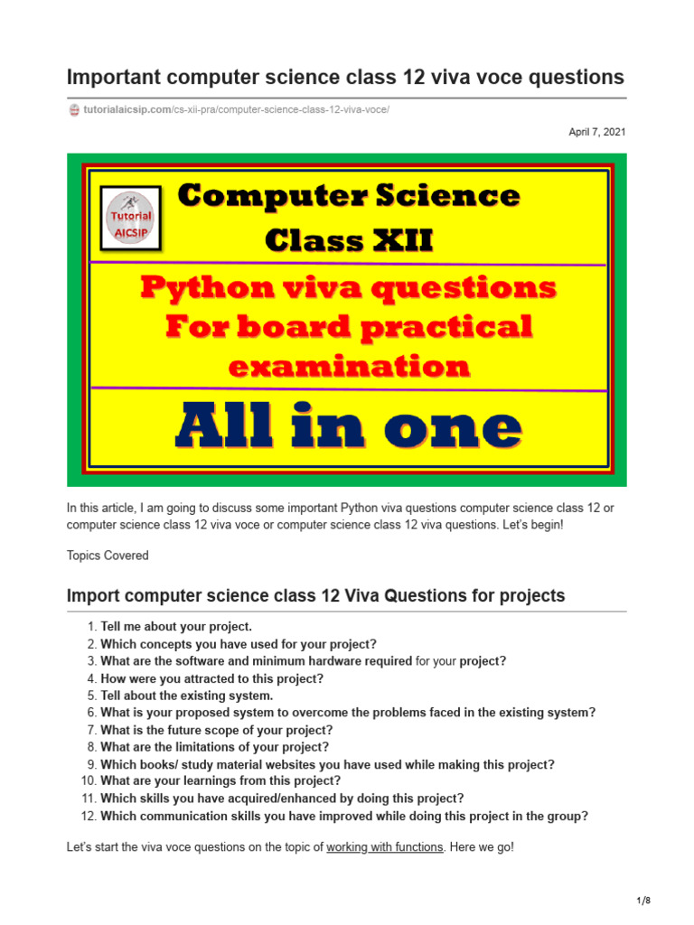 Computer Science Class 12 Viva Voce Questions | PDF | Parameter ...