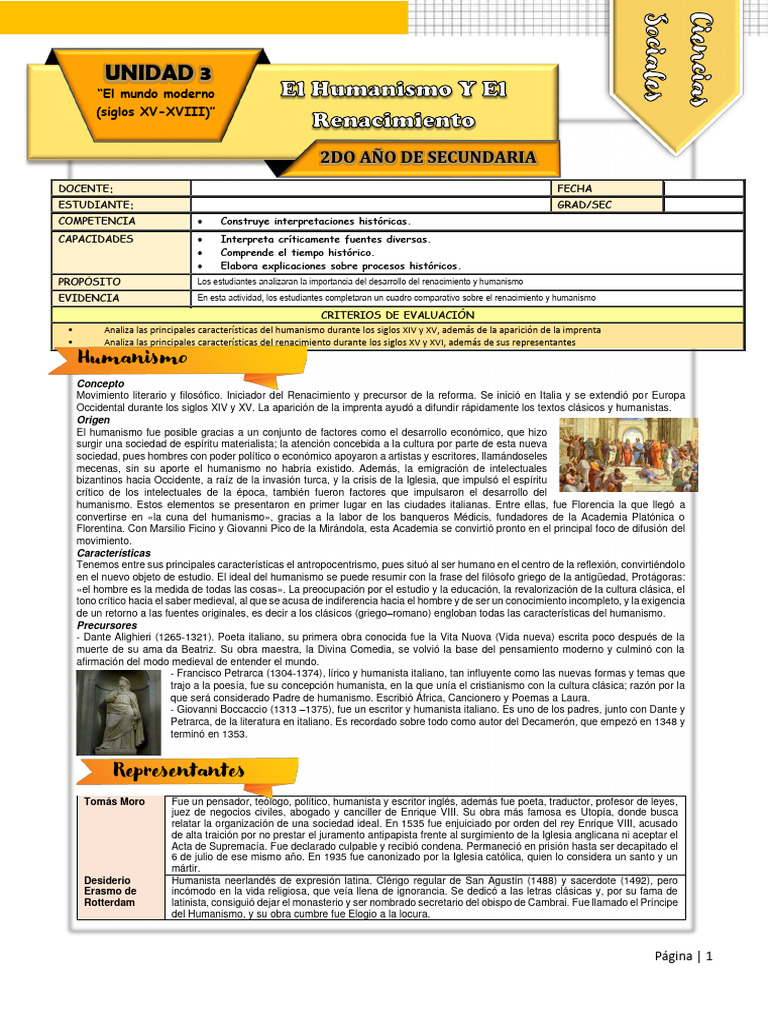 Ficha de Actividad CCSS 2° - Semana 2 | PDF | Renacimiento | Miguel Ángel