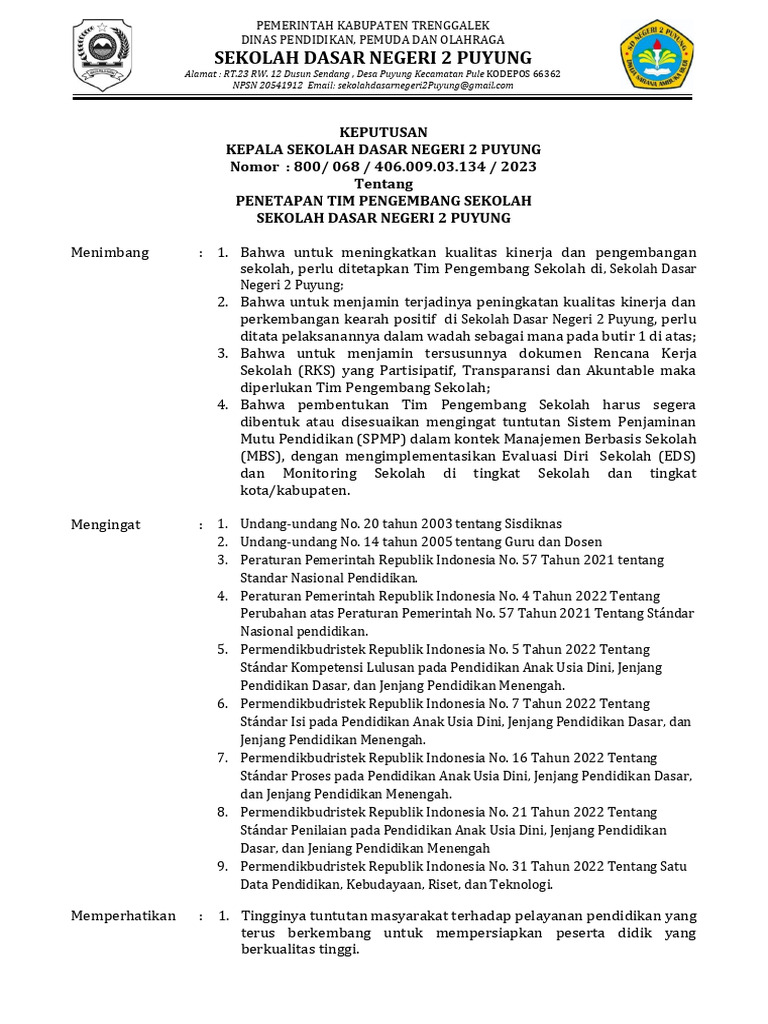 Tim Pengembang SDN 2 Puyung 2023 | PDF
