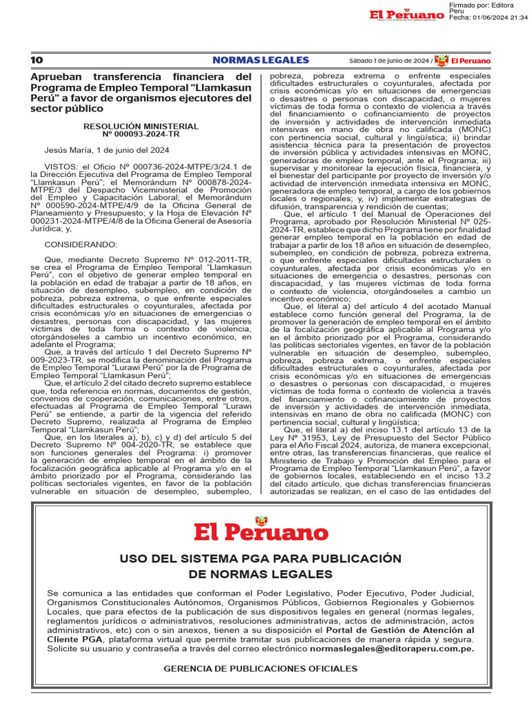 Falta Anexo RM 93 2024 TR Llamkasun | Descargar gratis PDF | Perú ...