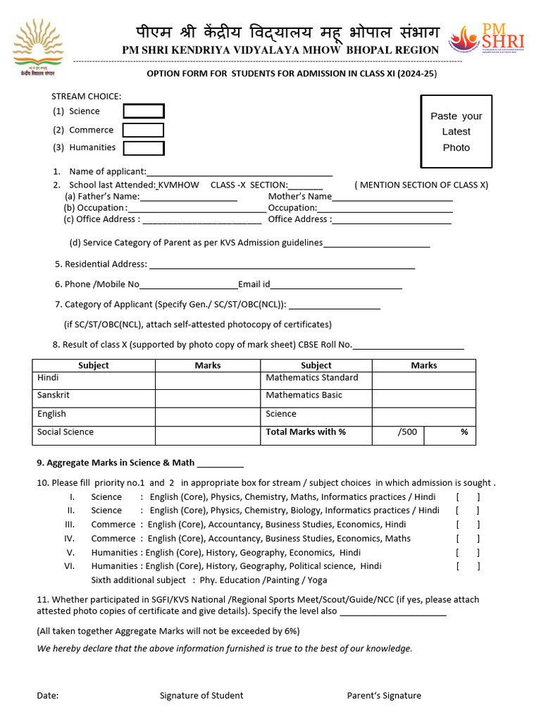 Option Form for Class-XI (Sample) (1)2024-25 | Download Free PDF | Science
