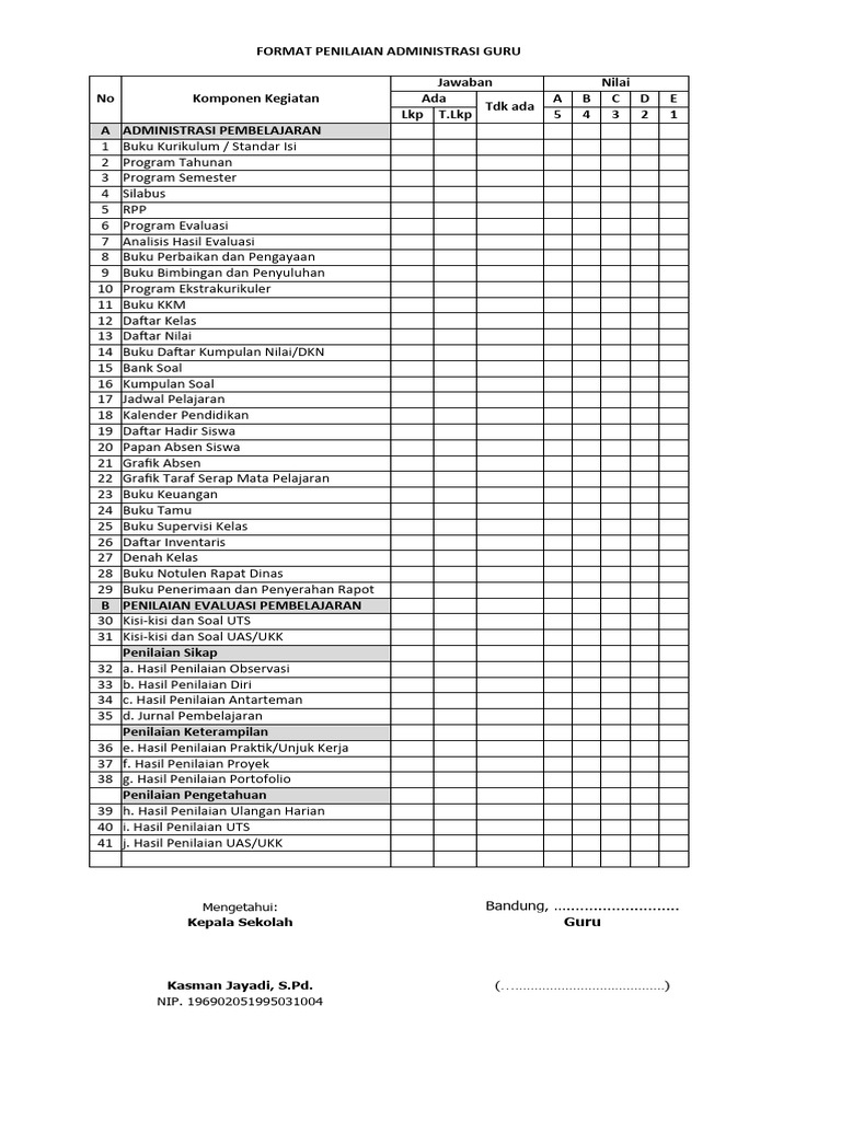 Format Penilaian Administrasi Guru | PDF | Karier & Perkembangan ...