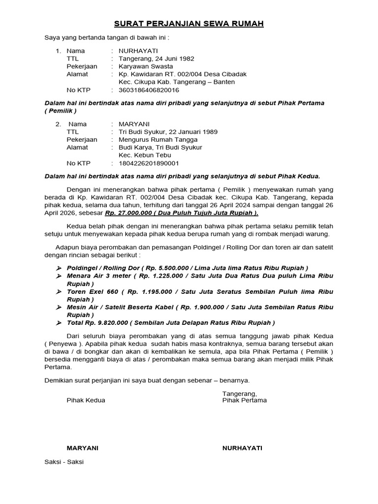 Surat Perjanjian Sewa Rumah | PDF