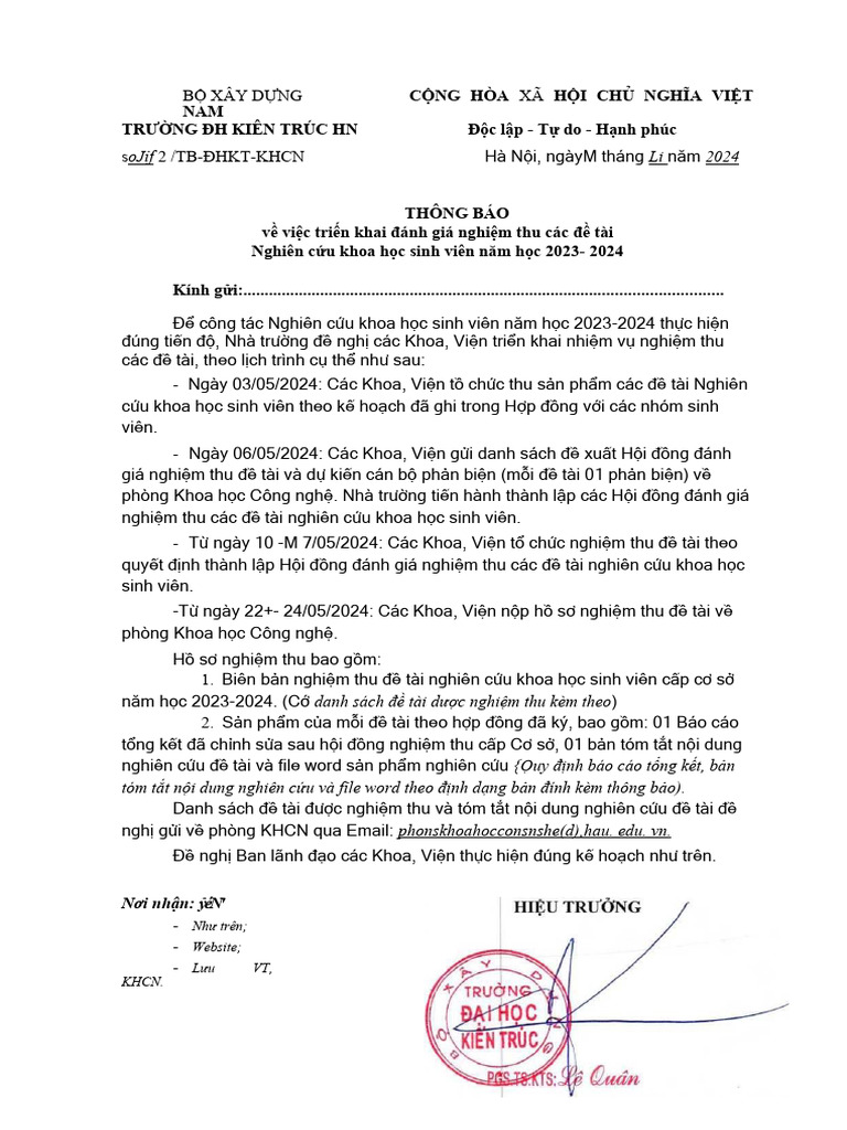 142 TB KHCN - 0001 Thông Báo lịch Nghiệm thu NCKH SV 2023 2024.ocr | PDF