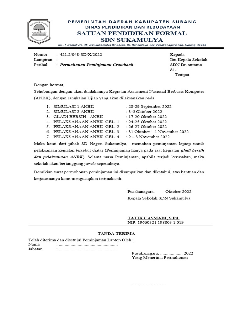 Surat Peminjaman Laptop ANBK | PDF