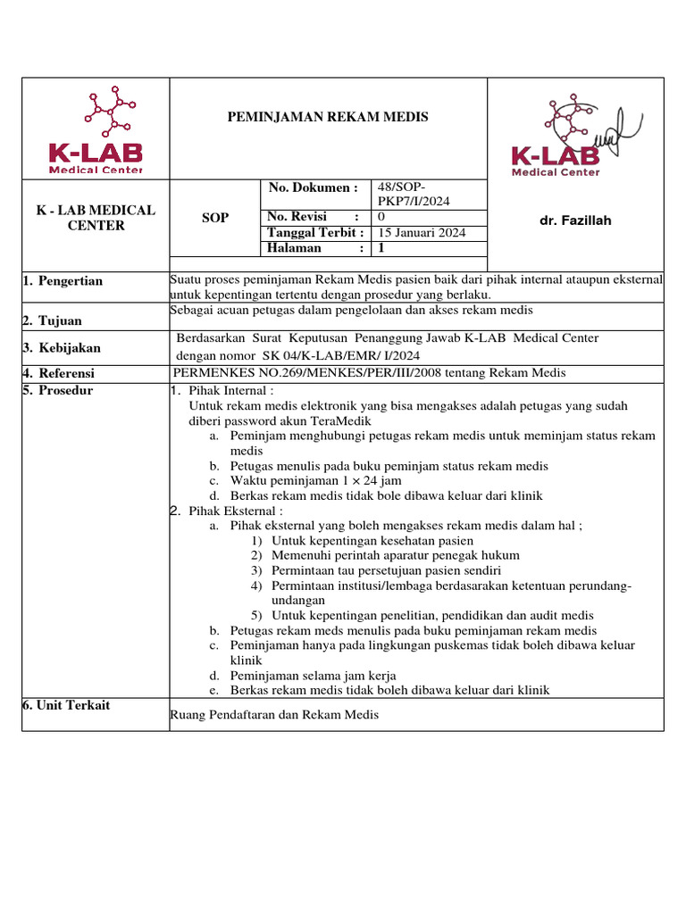 Sop Peminjaman Rekam Medis | PDF