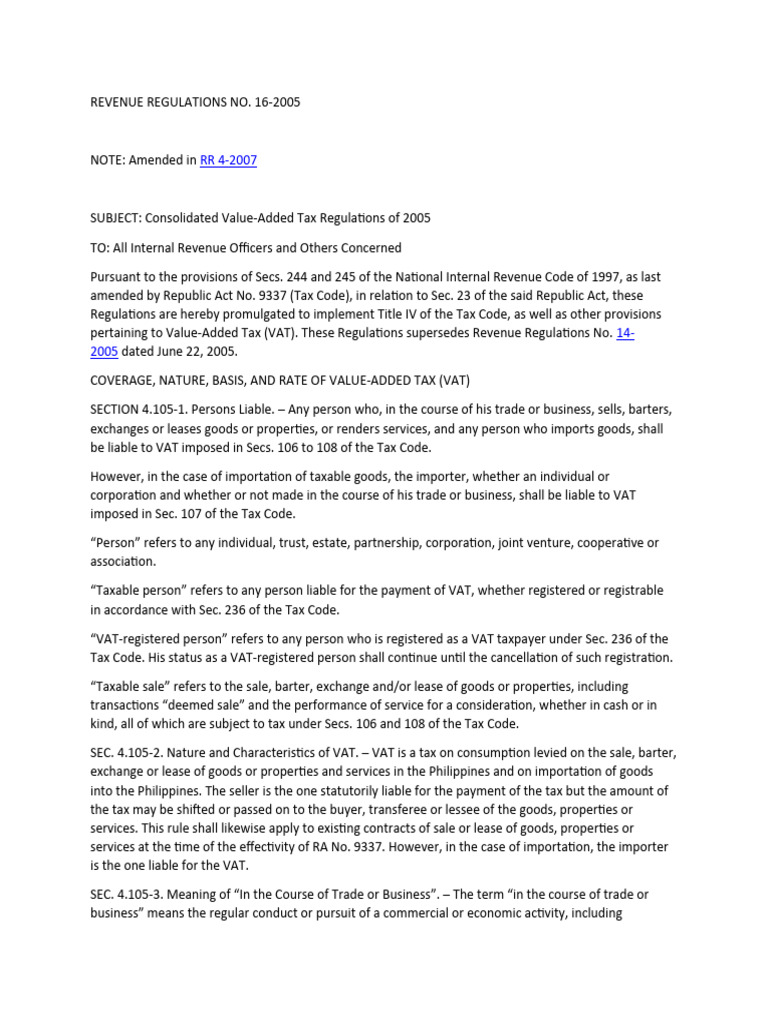 Bir RR No. 16-2005-Consolidated Rules On Vat | PDF | Value Added Tax ...