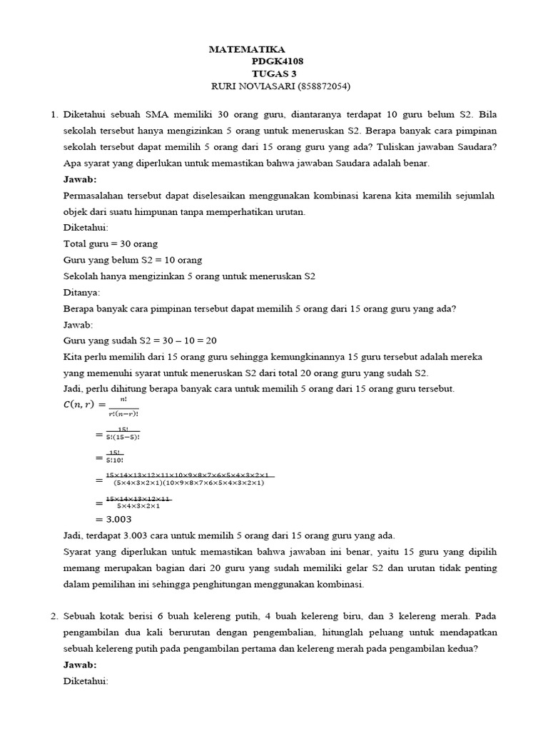 Matematika PDGK4108 Tugas 3 RURI NOVIASARI (858872054) | PDF