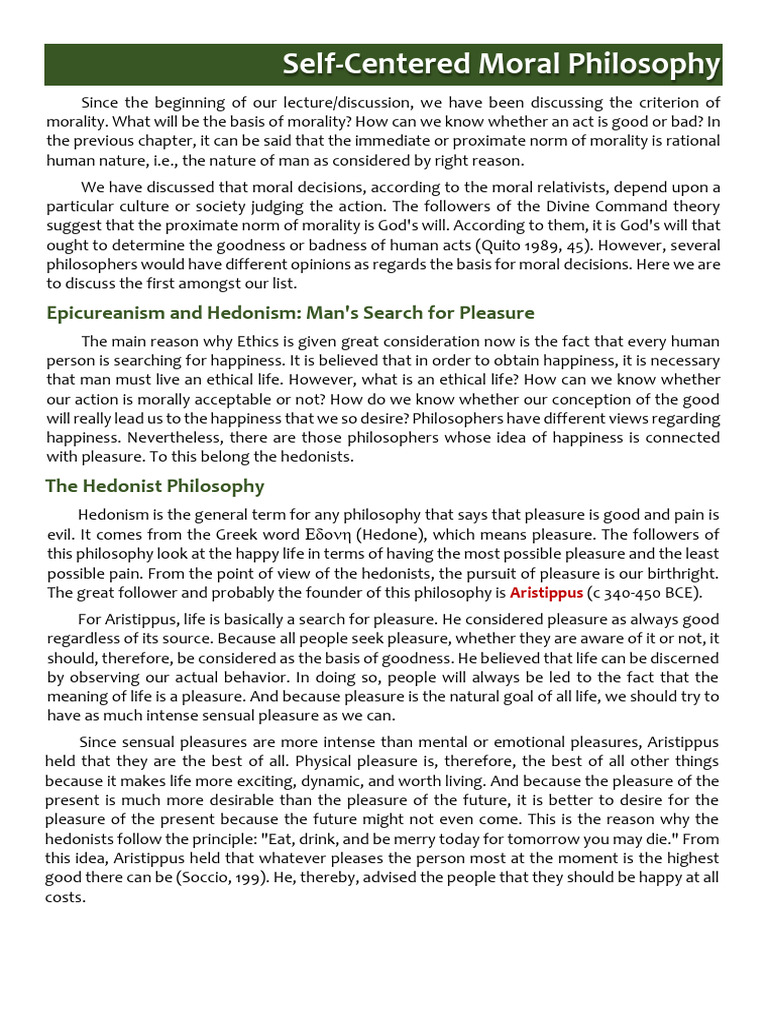 Self-Centered Moral Philosophy | PDF | Hedonism | Pleasure