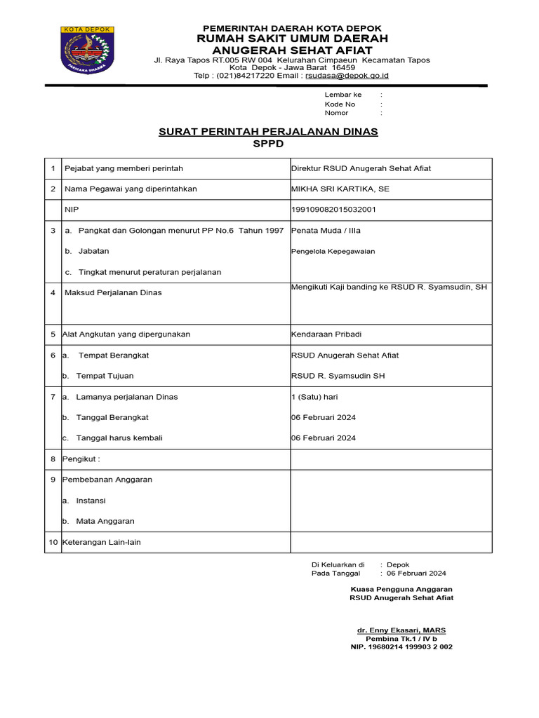SPPD Perjalanan Dinas RSUD Depok | PDF