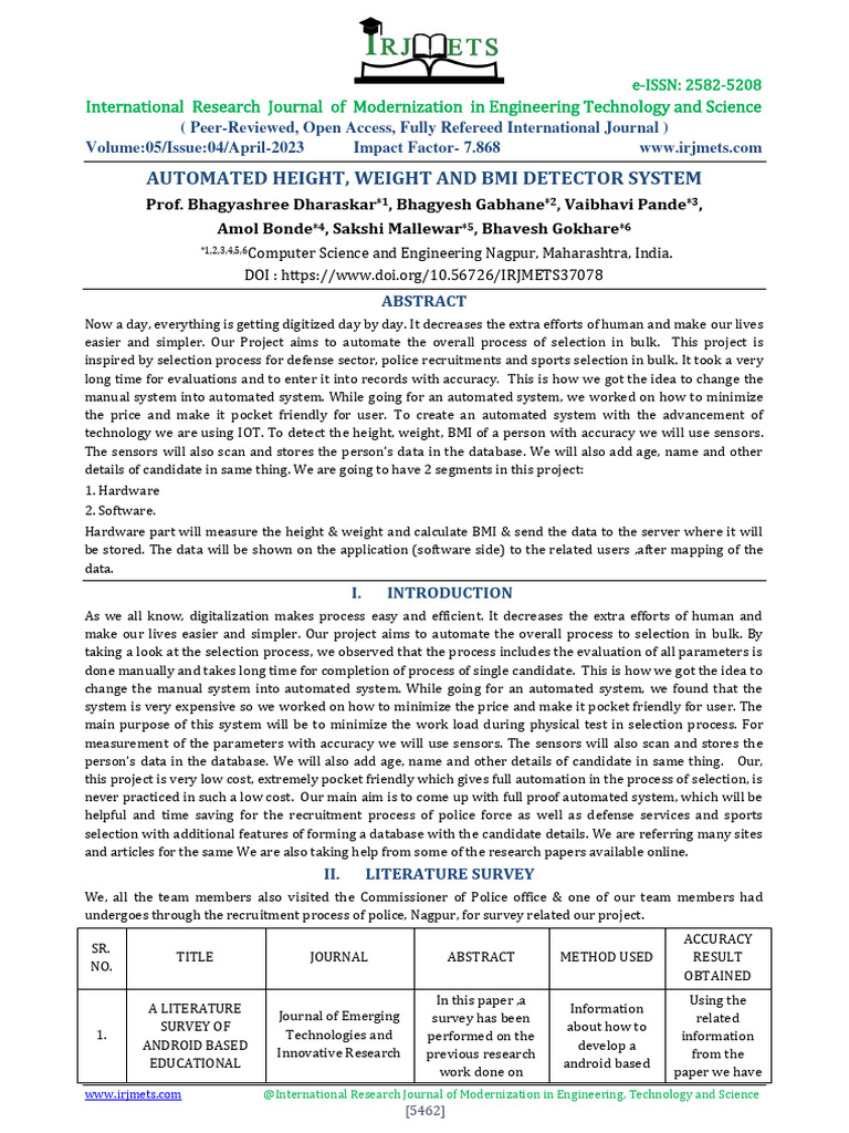 Automated Height, Weight and Bmi Detector System | PDF | Sql | Databases