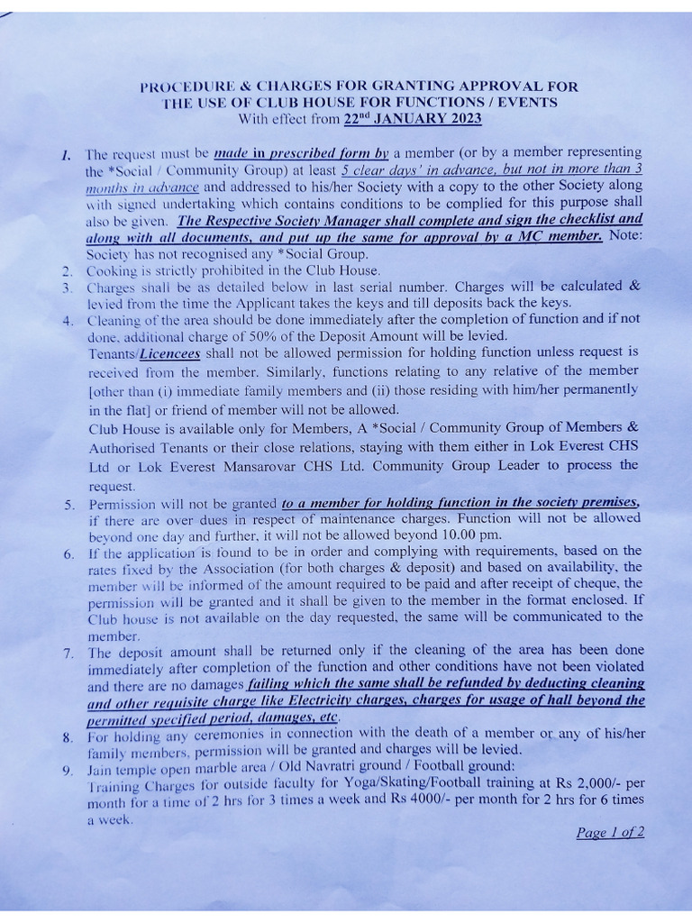 Club House Rules, Charges Etc | PDF