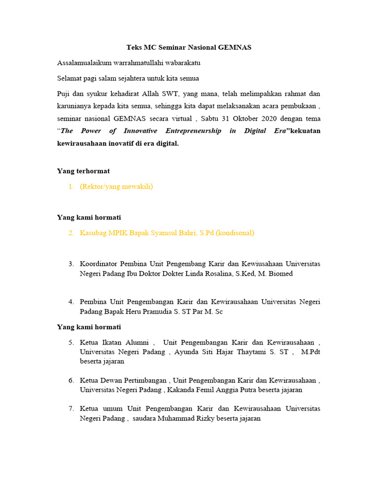 Teks MC Seminar Gemnas | PDF
