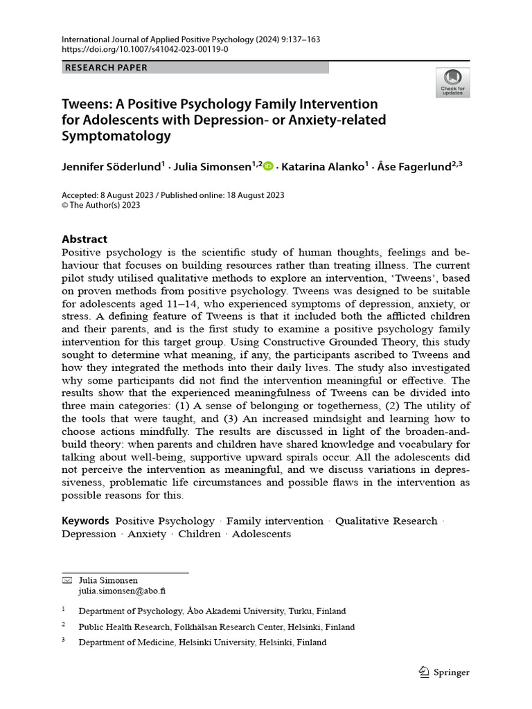 Tweens: A Positive Psychology Family Intervention For Adolescents With Depression-Or Anxiety ...