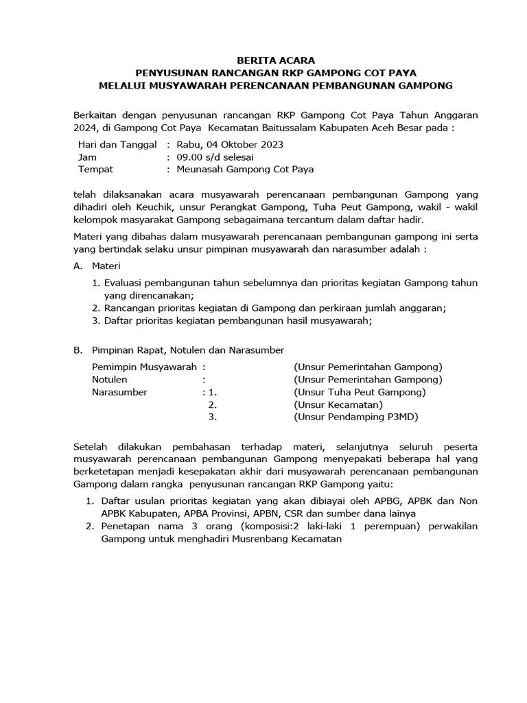 Berita Acara Musrenbang Penyusunan Rancangan RKPG 2024 | PDF