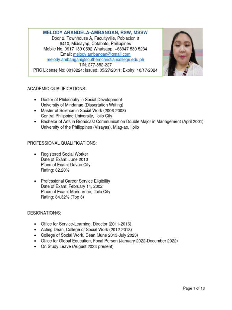Melody Arandela-Ambangan's CV | PDF | Social Work | Service Learning