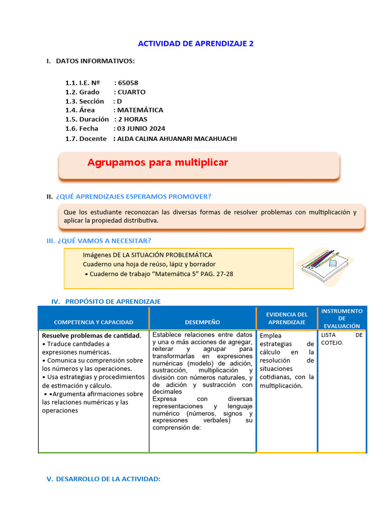 D2 A1 SESION MAT Agrupando Ando Luego Multiplicando | PDF | Multiplicación | Aritmética