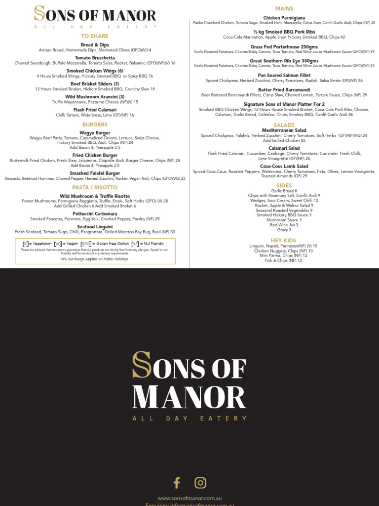 Sons of Manor Menu: Mains, Salads & More | PDF | Hamburgers | Coleslaw