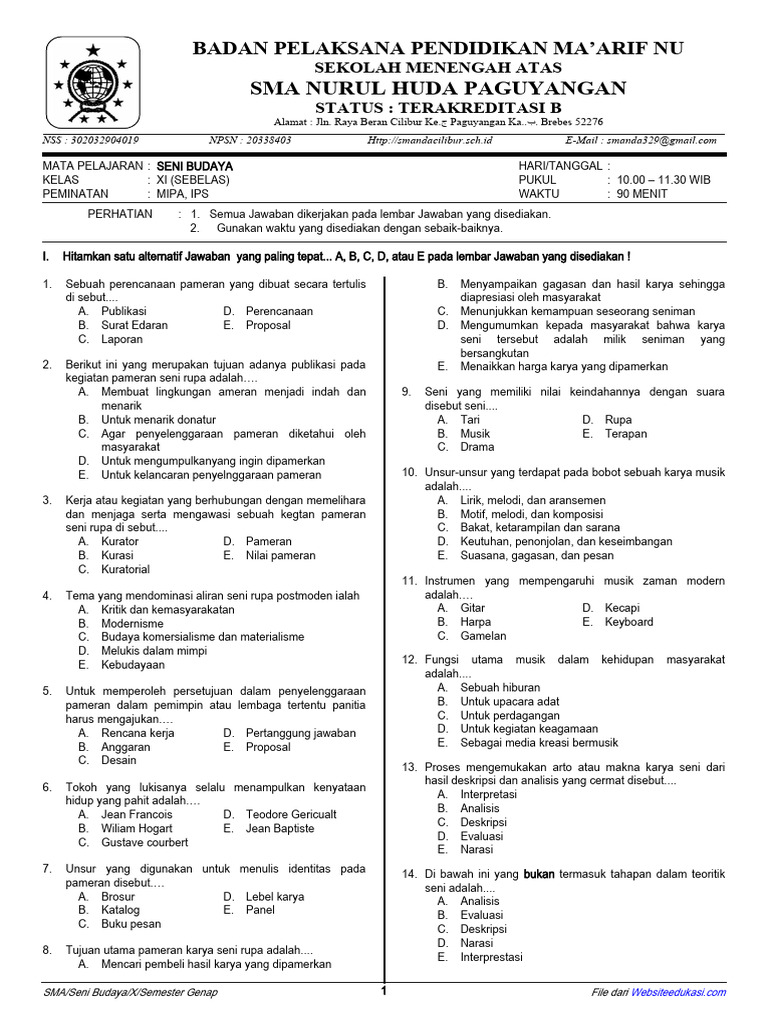 Soal PAT Kelas XI - Seni Budaya | PDF