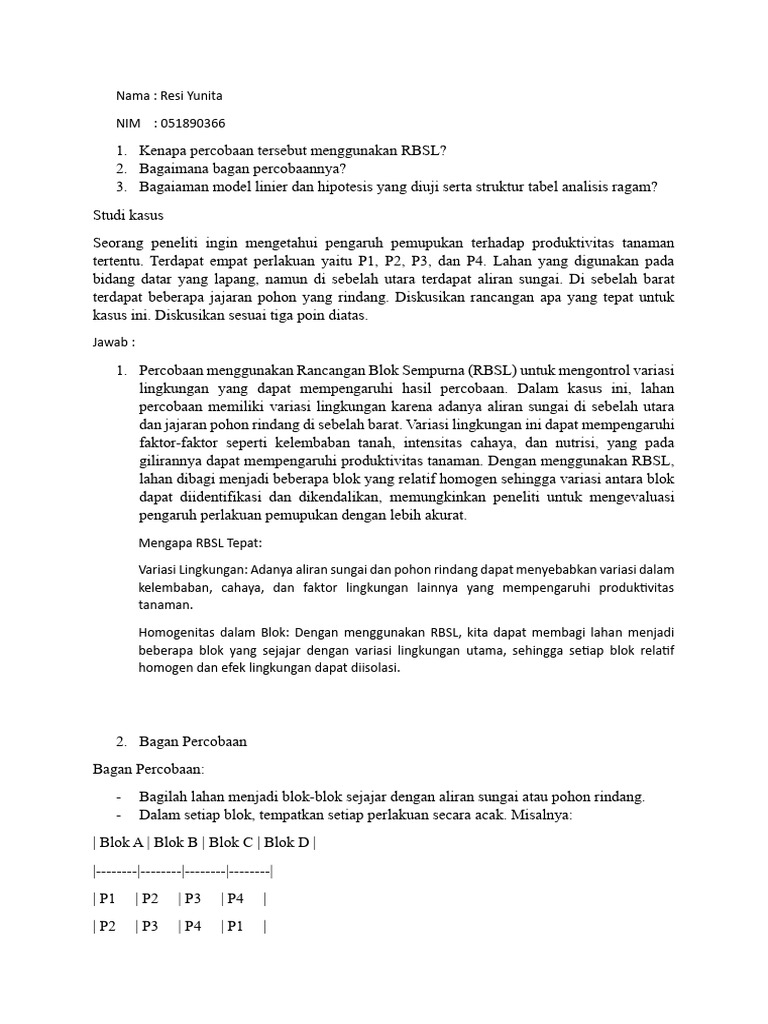 Resi Yunita 051890366 Rancangan Percobaan Diskusi 6 | PDF | Sains ...
