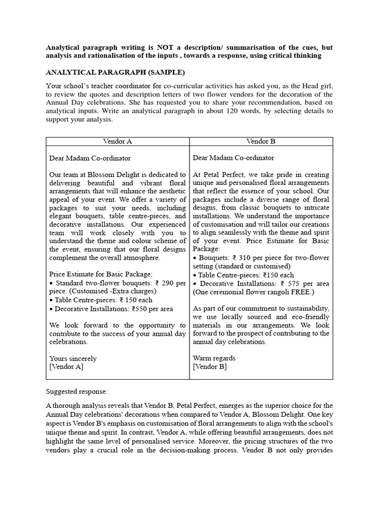 Analytical Paragraph Sample | PDF | Pricing | Flower Bouquet