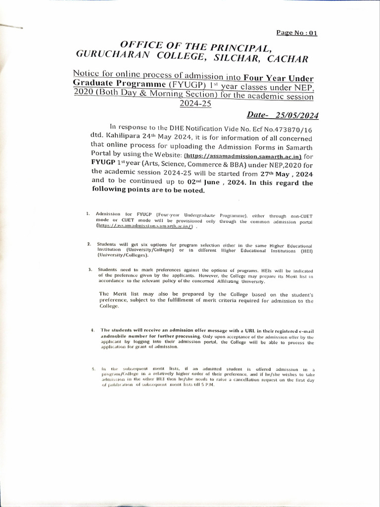 GCC Notice For FYUGP - 1st Semester Admission 2024-2025 | PDF