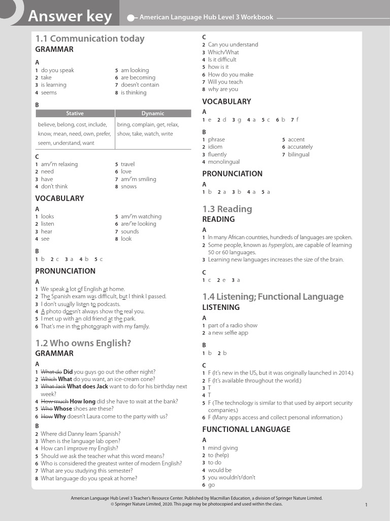 American Language Hub 3 Workbook Key | PDF | Multilingualism | Linguistics