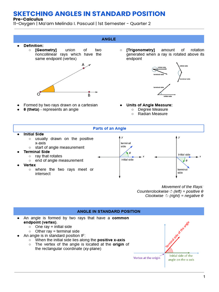 Sketching Angles in Standard Position | PDF | Angle | Line (Geometry)