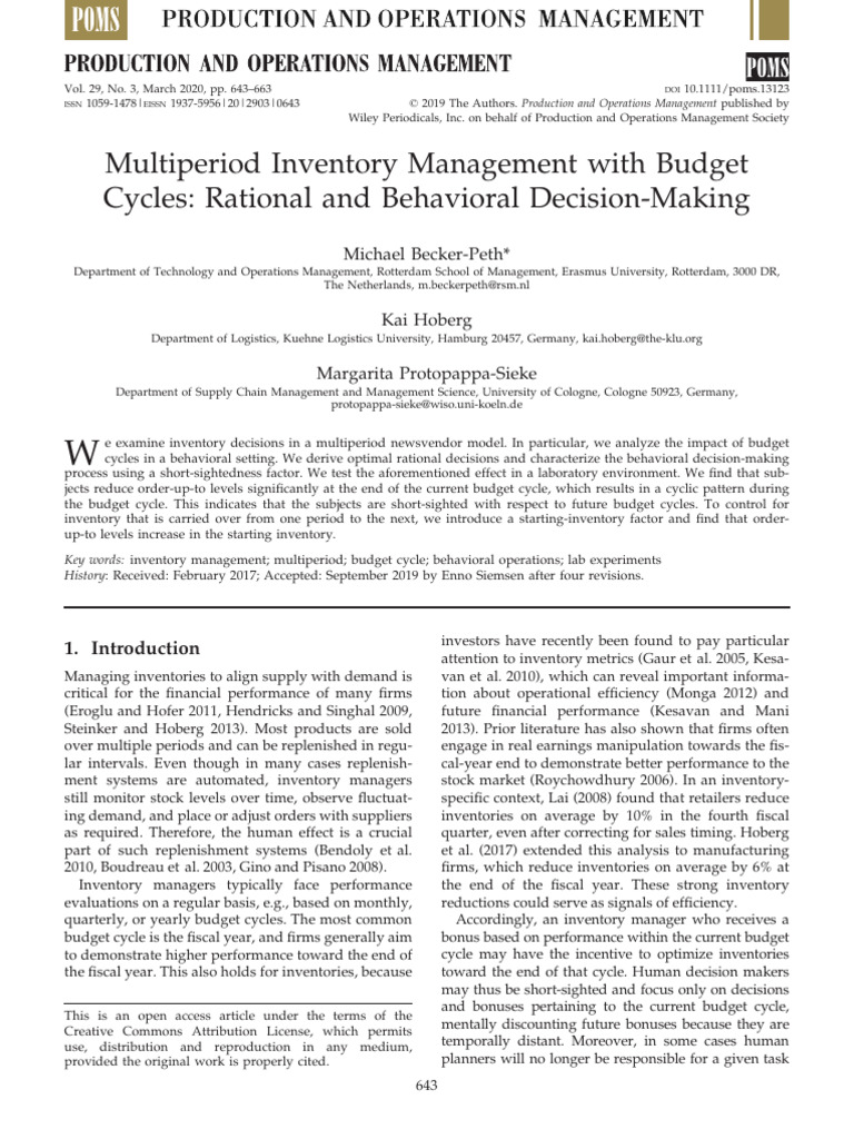 Multiperiod Inventory Management With Budget Cycles: Rational and ...
