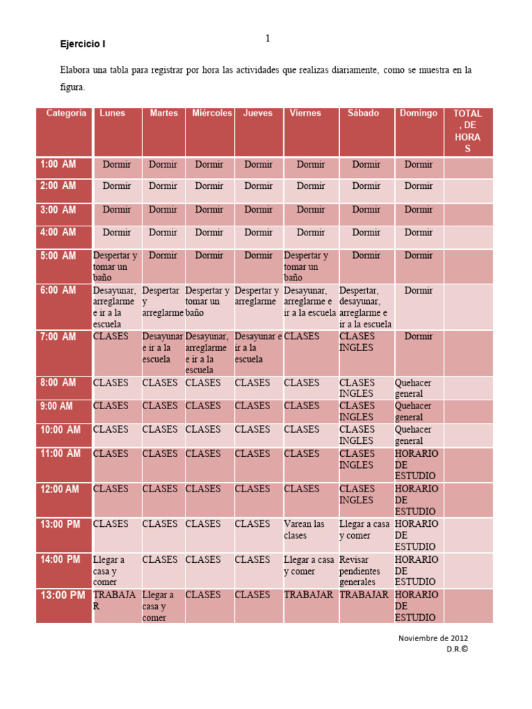 Horario Diario y Resumen Semanal | PDF