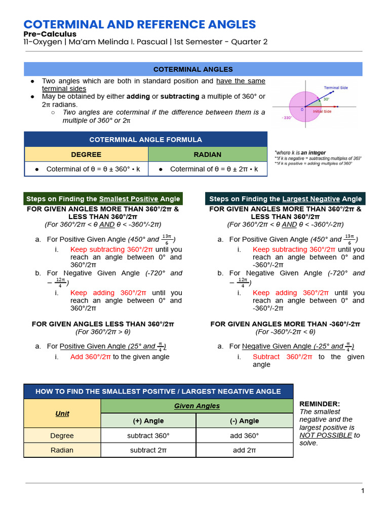 2.4 - Coterminal and Reference Angles | PDF | Angle | Geometric Measurement