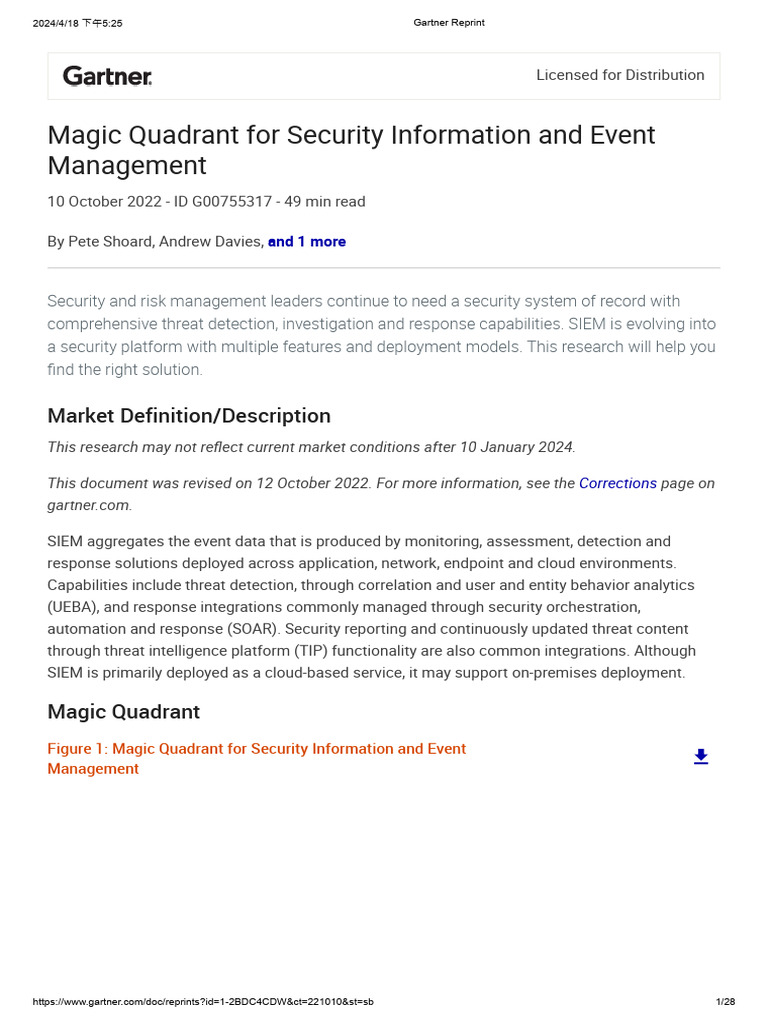 Gartner Reprint SIEM 2022 | PDF | Cloud Computing | Software As A Service