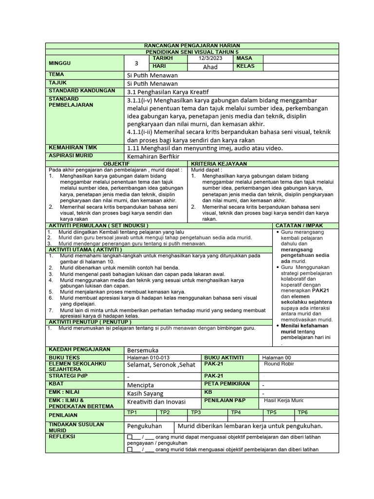 RPH Minggu 3 PSV THN 5 2023 by Cikgu Gorgeous | PDF