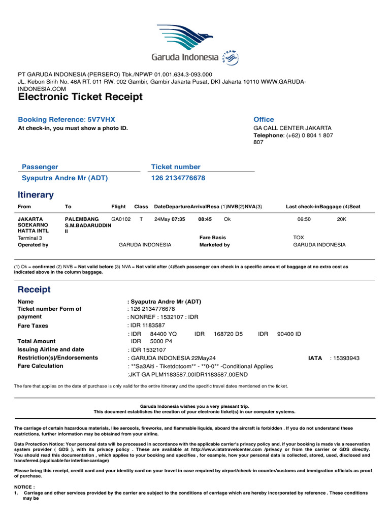 Garuda Indonesia Electronic Ticket Receipt | PDF
