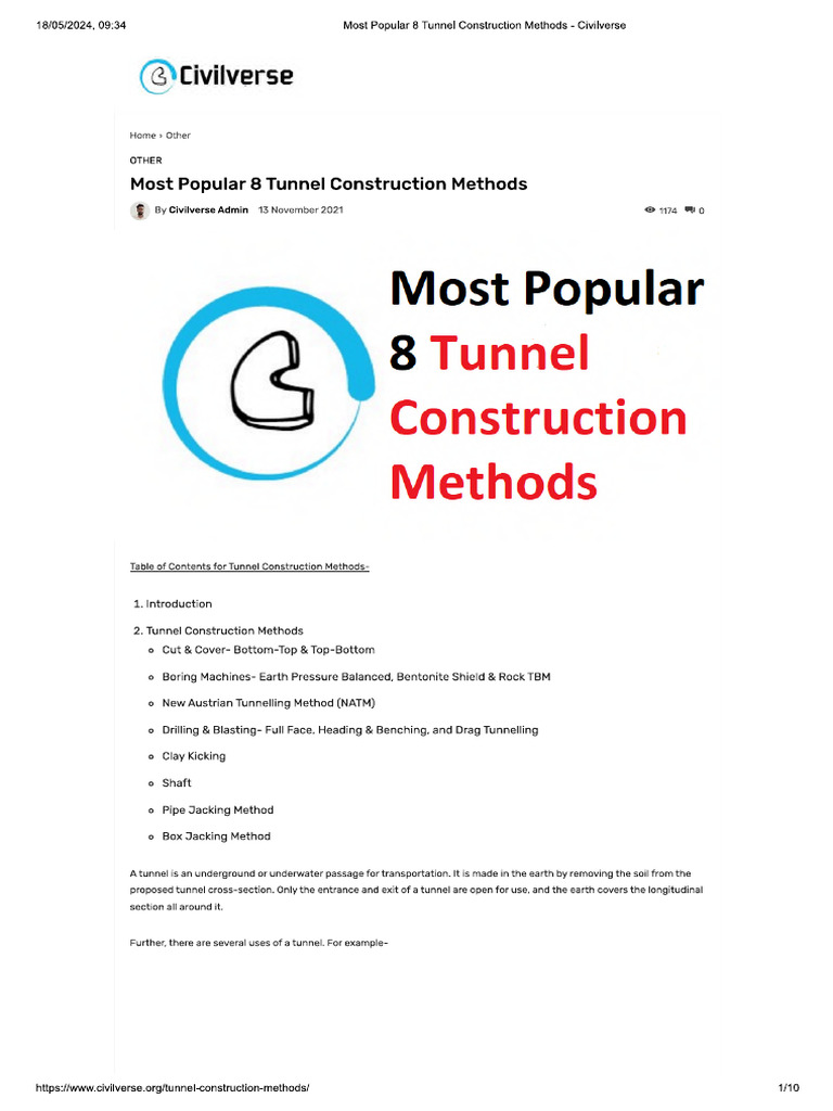 Most Popular 8 Tunnel Construction Methods - Civilverse | PDF
