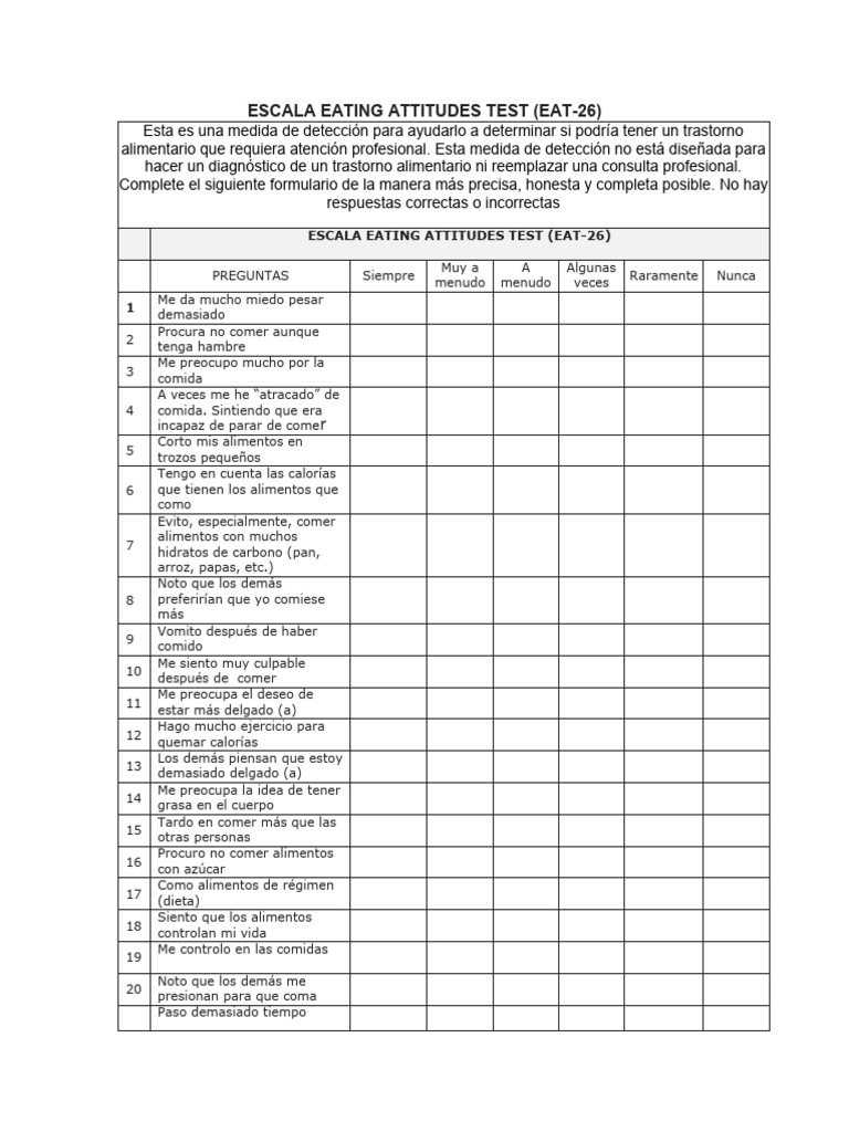 Escala Eating Attitudes Test | PDF | Bulimia nerviosa | Alimentos