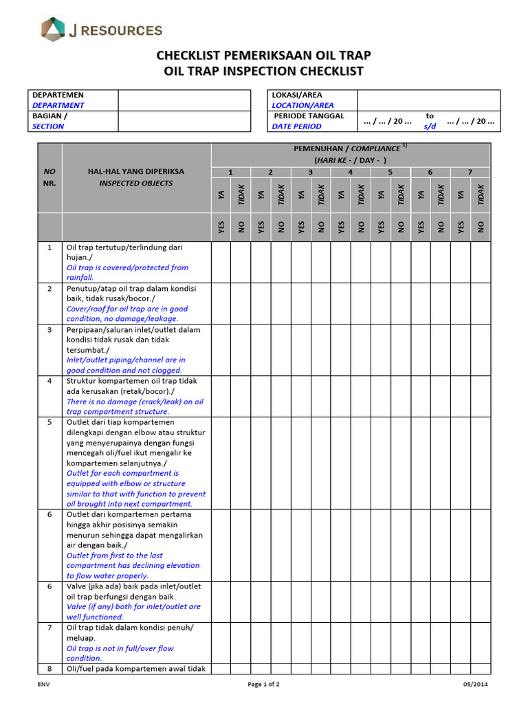 Oil Trap Inspection Checklist | PDF