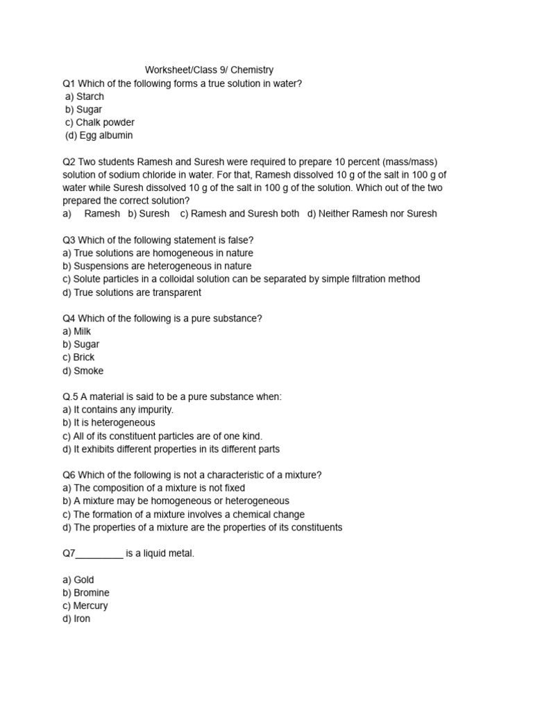 Worksheet - Class9 - Chemistry | PDF | Mixture | Chemical Substances