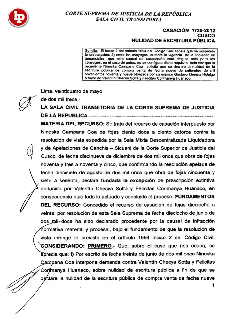 Casacion-1730-2012-Cusco- infundada la suspension | PDF | Estatuto de limitaciones | Propiedad ...