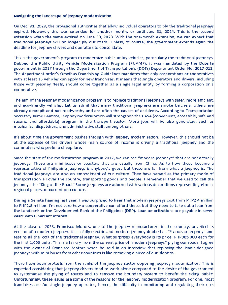 Navigating The Landscape of Jeepney Modernization | PDF | Transport
