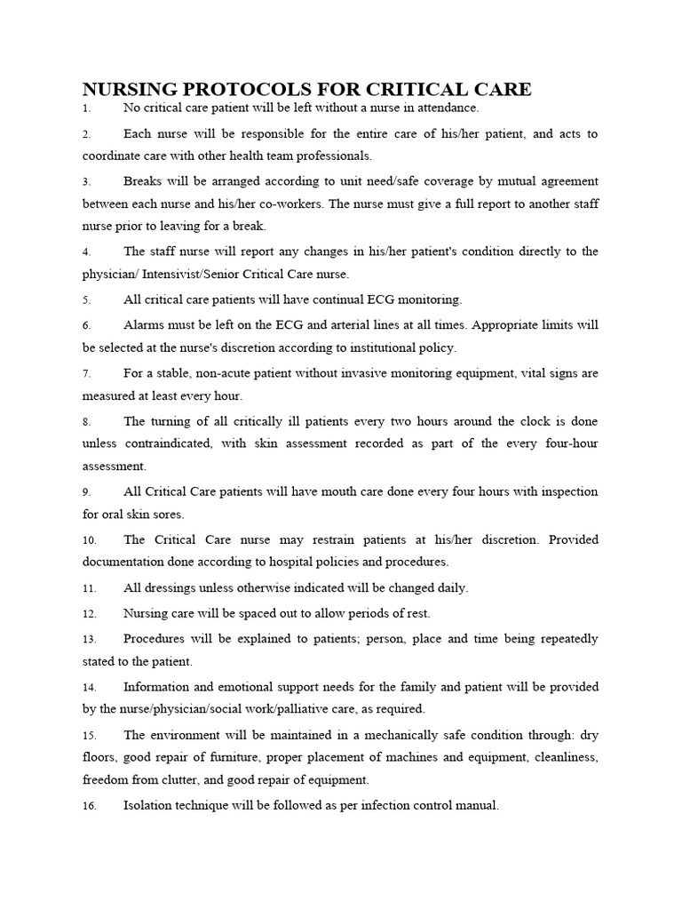 NURSING PROTOCOLS FOR CRITICAL CARE | Download Free PDF | Nursing ...
