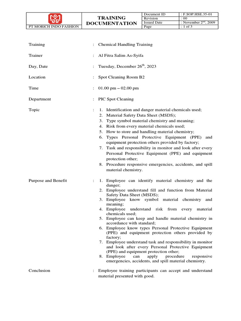 CHEMICAL HANDLING TRAINING AND EVALUATION | Download Free PDF ...