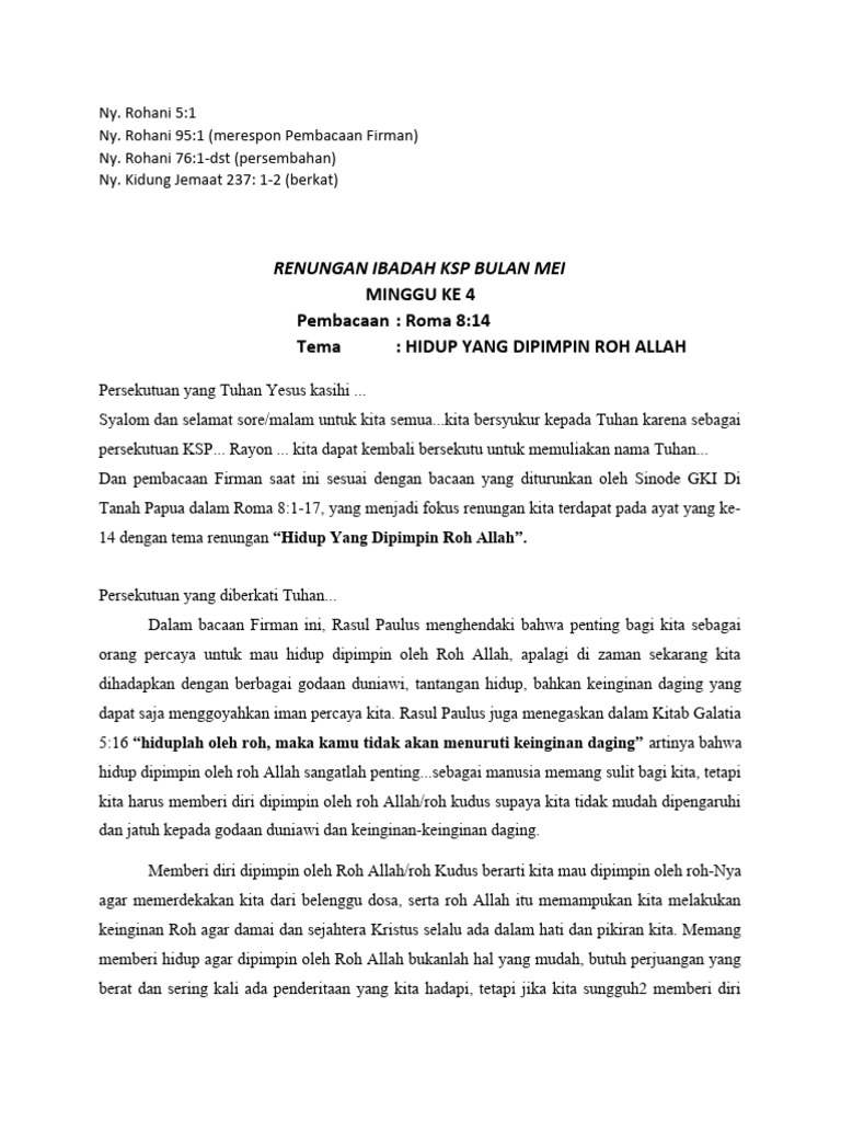 Renungan Ibadah KSP Jemaat GKI Elizabeth | PDF