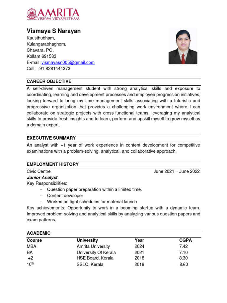NEW Vismaya S Narayan CV | PDF