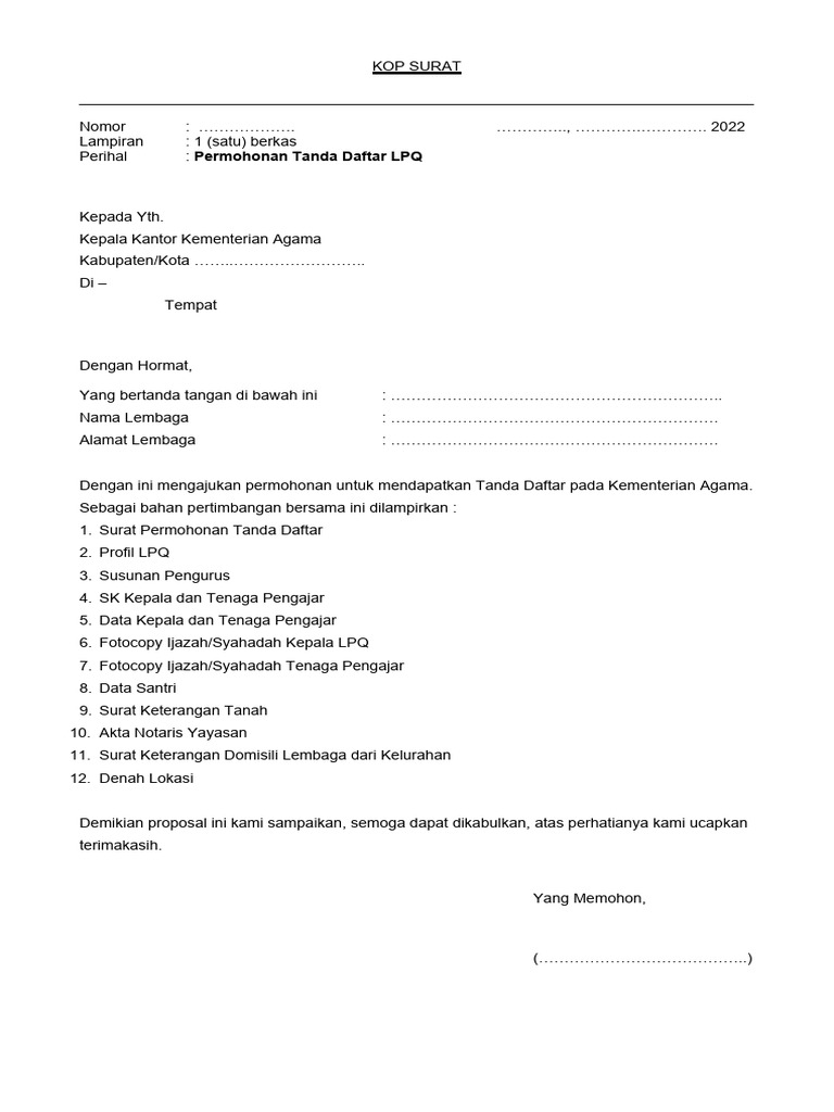 Form Daftar LPQ | PDF