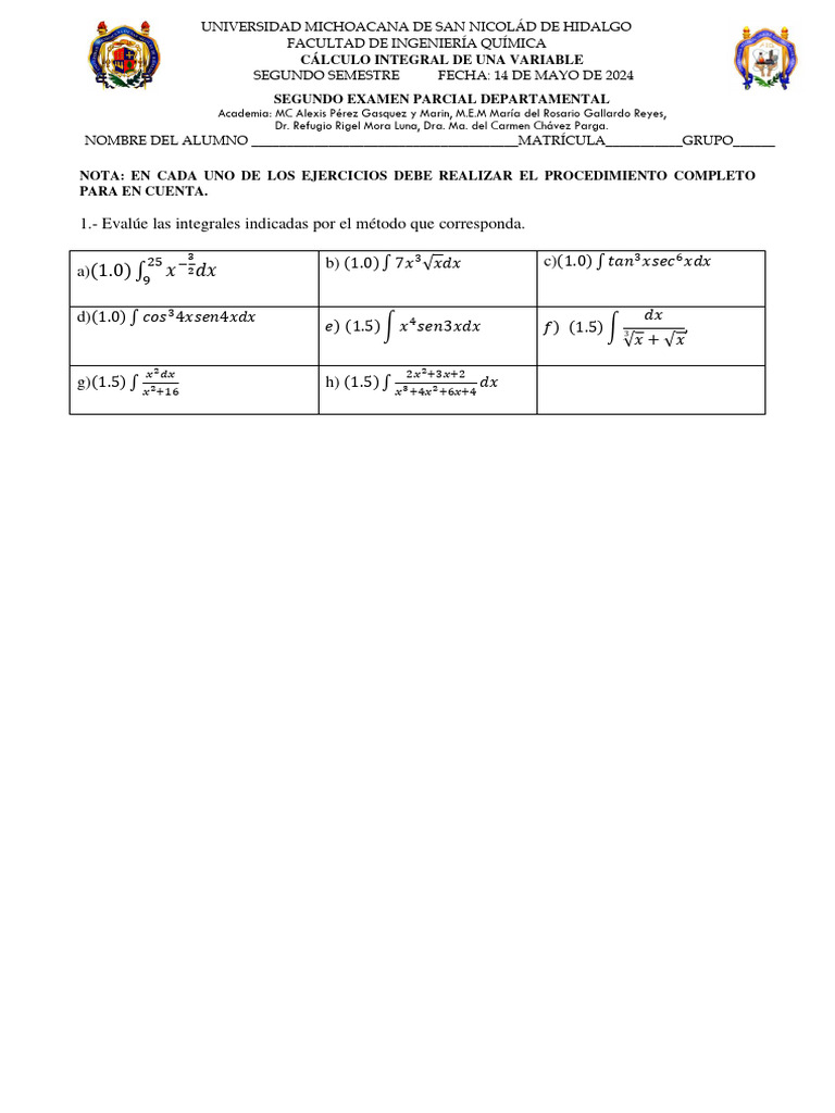 Examen de Cálculo Integral | PDF | Métodos y materiales de enseñanza