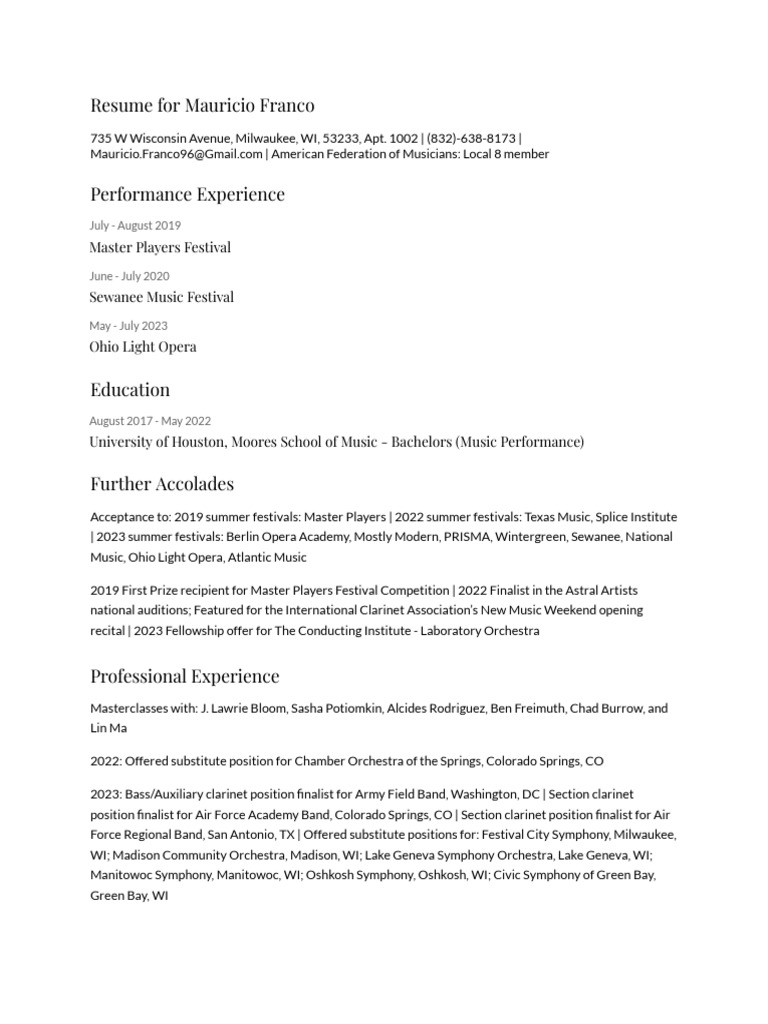 Audition Clarinet:Bass Mauricio Franco Resume PDF | PDF